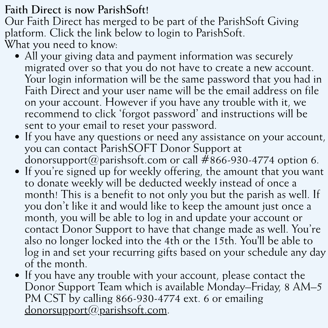 Faith Direct is now ParishSoft! - Holy Infant Catholic Church